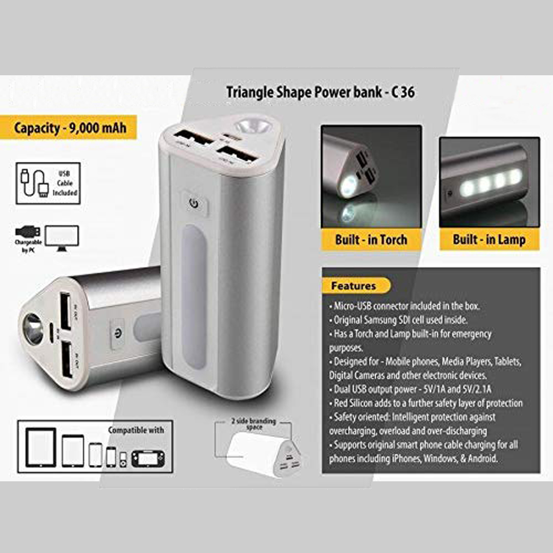 GoRevizon Triangle Shape Power Bank (9000 mAh) with Built-in Torch ...